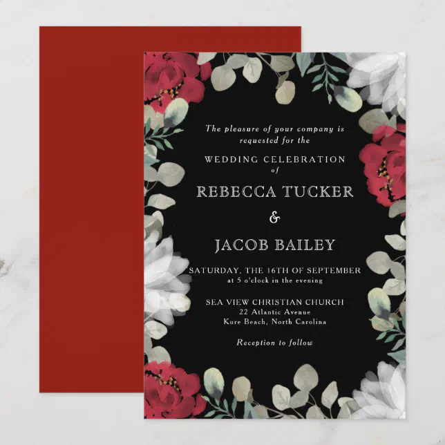 Rustic Red & White Floral Greenery Black Wedding Invitation | Zazzle