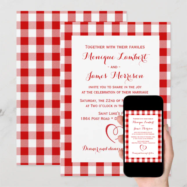 Rustic Red White Plaid Gingham Country Wedding Invitation | Zazzle