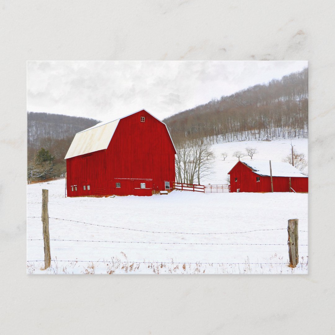 Rustic Red Wood Barns in a Snowy Winter Farm Scene Postcard | Zazzle