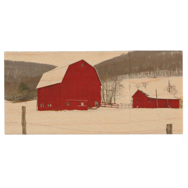 Rustic Red Wood Barns in a Snowy Winter Scene Wood Flash Drive | Zazzle