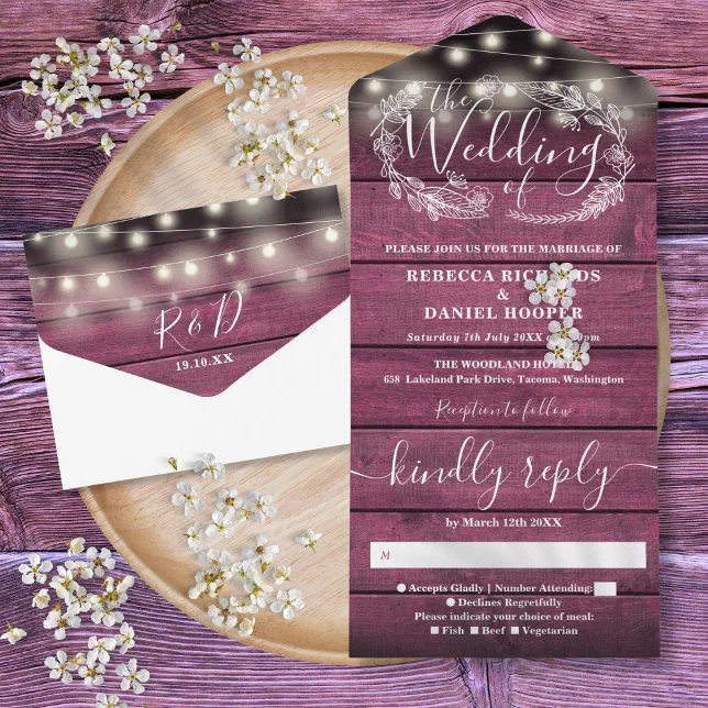 Rustic Red Wood String Lights Floral Wedding All In One Invitation | Zazzle