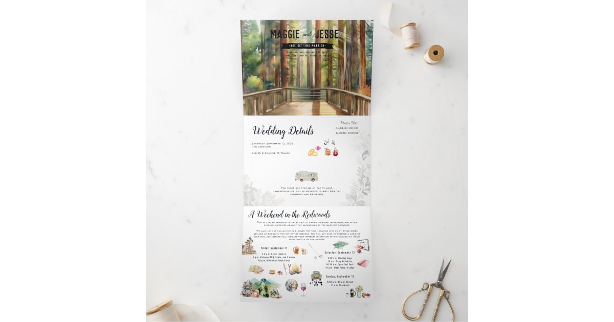 Rustic Redwood Forest Wedding Tri-Fold Invitation | Zazzle