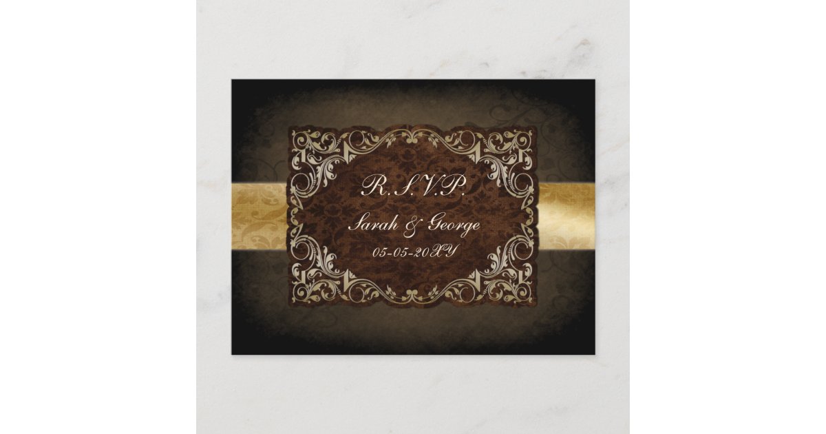 Rustic Regal Ornamental Brown And Gold Wedding Invitation Postcard | Zazzle