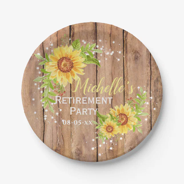 Rustic Retirement Floral Sunflower Party Paper Plates | Zazzle