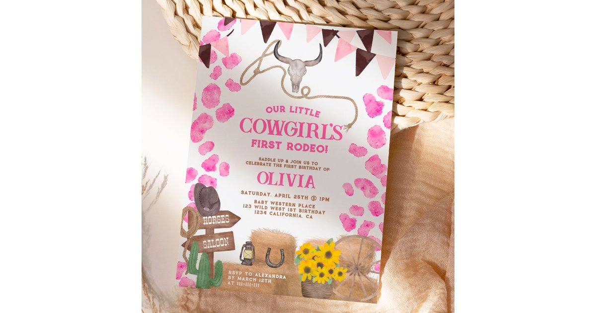 Rustic rodeo cowgirl western cow 1st birthday invitation | Zazzle