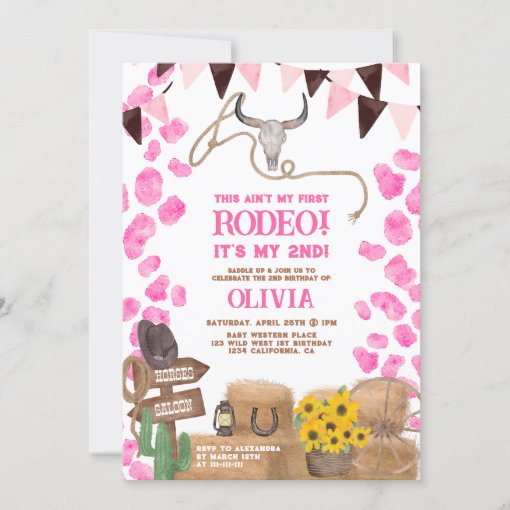 Rustic rodeo cowgirl western cow 2nd birthday invitation | Zazzle