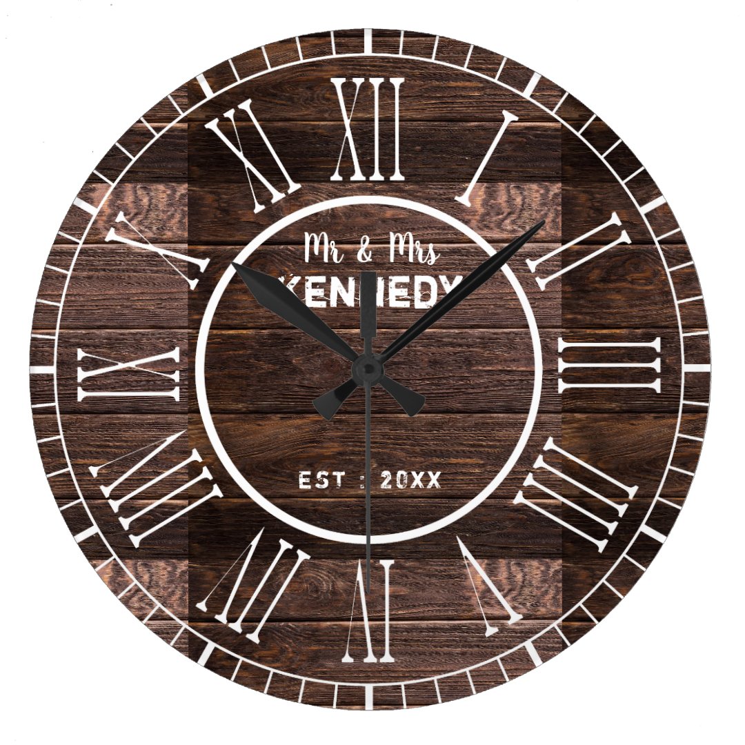 Rustic Roman Numeral Barn Wood Wedding Large Clock | Zazzle