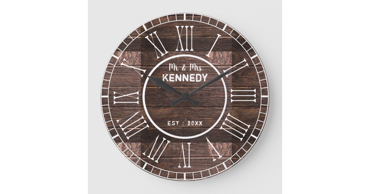 Rustic Roman Numeral Barn Wood Wedding Large Clock | Zazzle