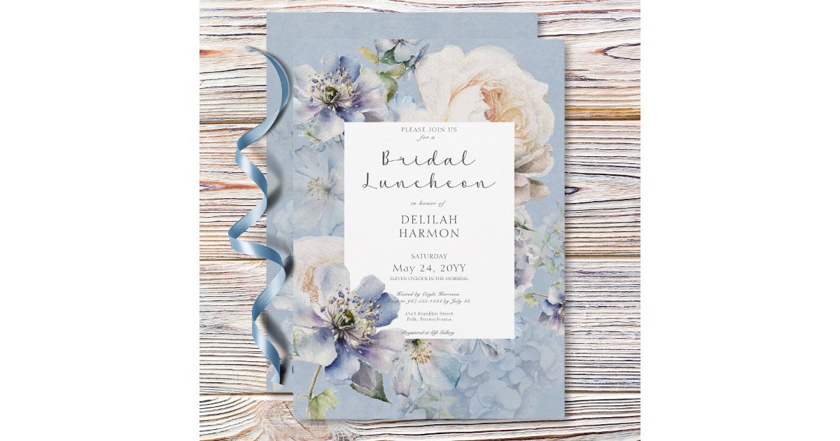 Rustic Romantic Blue & White Floral Bridal Lunch Invitation | Zazzle