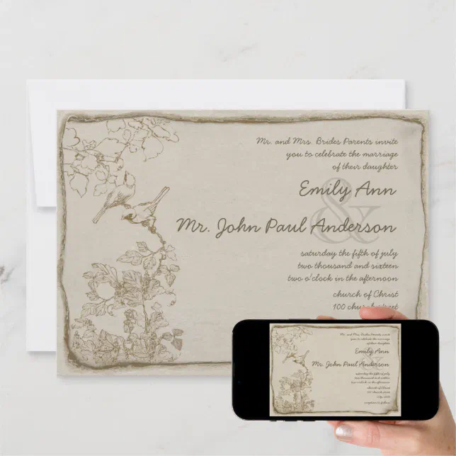 Rustic Romantic Brown Paper Lovebirds Wedding Invitation | Zazzle