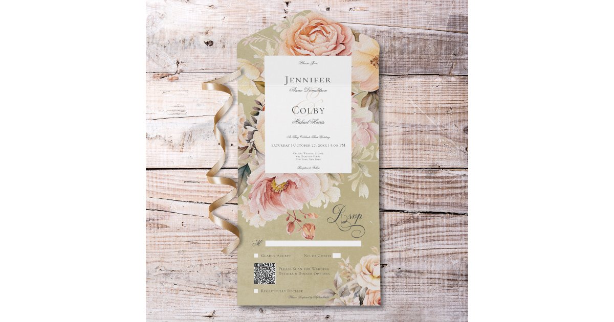 Rustic Romantic Pink & Blush Roses Green QR Code All In One Invitation ...