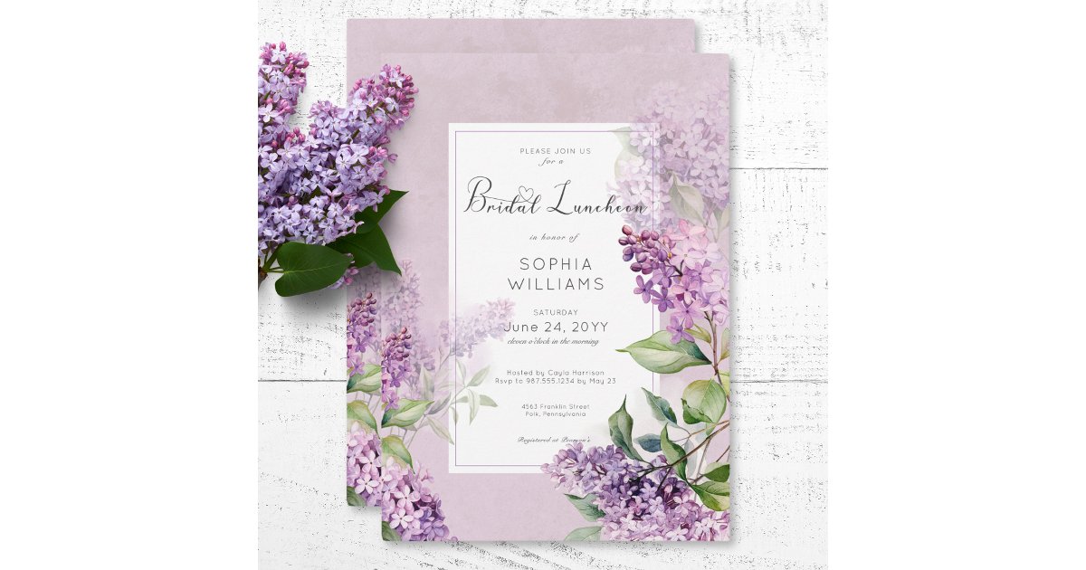 Rustic Romantic Purple & Sage Lilacs Bridal Lunch Invitation | Zazzle