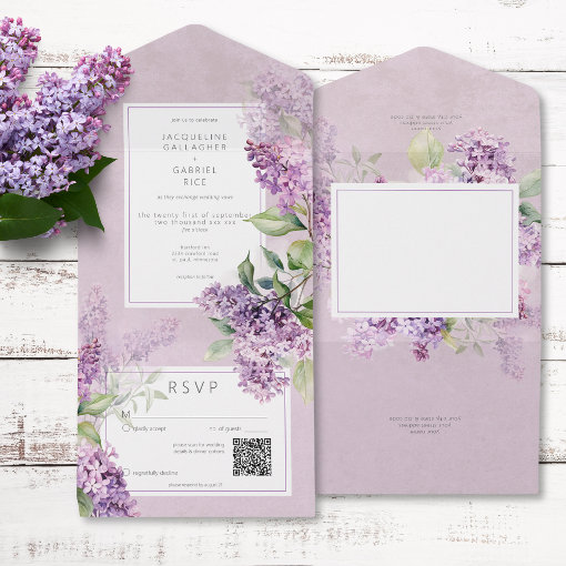 Rustic Romantic Purple & Sage Lilacs QR Code All In One Invitation | Zazzle