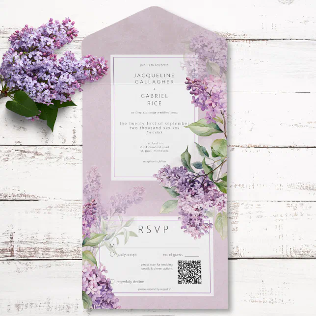 Rustic Romantic Purple & Sage Lilacs QR Code All In One Invitation | Zazzle