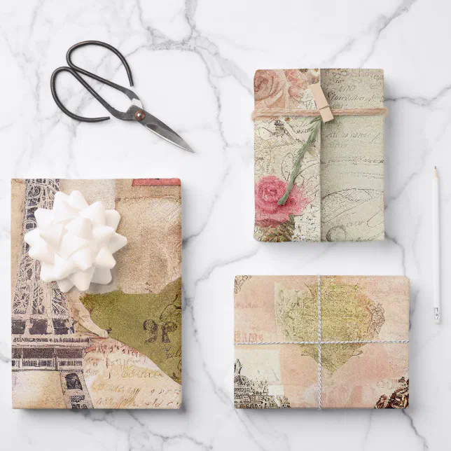 Rustic Romantic Vintage Paris Wrapping Paper Sheets | Zazzle