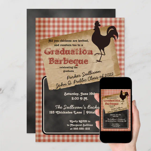 Rustic Rooster Backyard BBQ Graduation Party Invitation | Zazzle