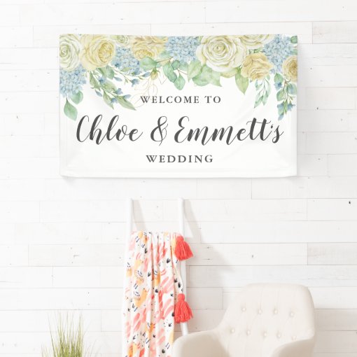 Rustic Rose and Hydrangea Floral Wedding Banner | Zazzle
