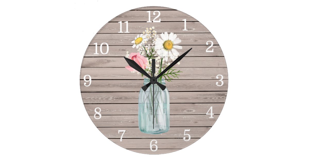 Rustic Rose & Daisies Mason Jar Clock | Zazzle