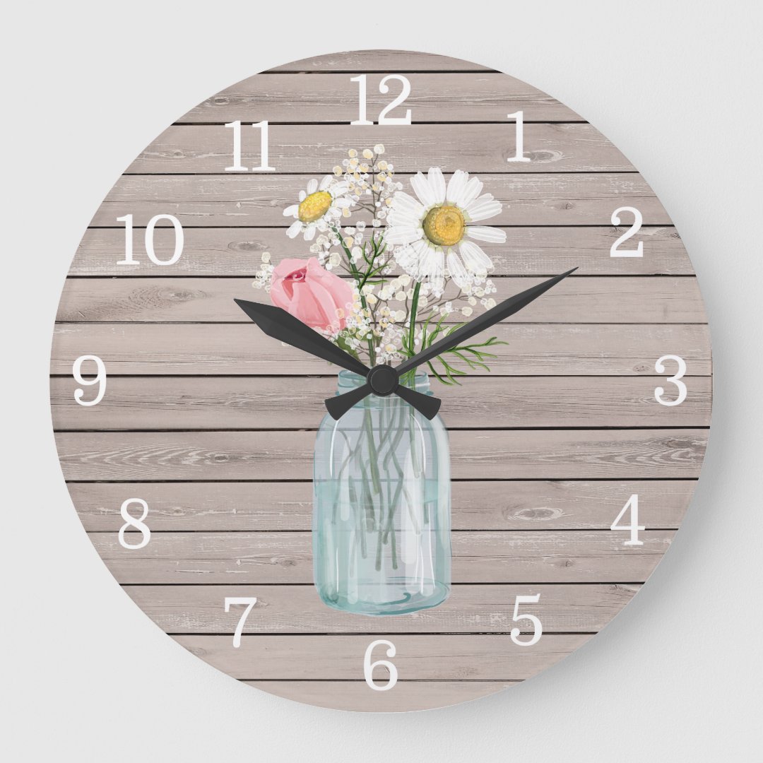 Rustic Rose & Daisies Mason Jar Clock | Zazzle