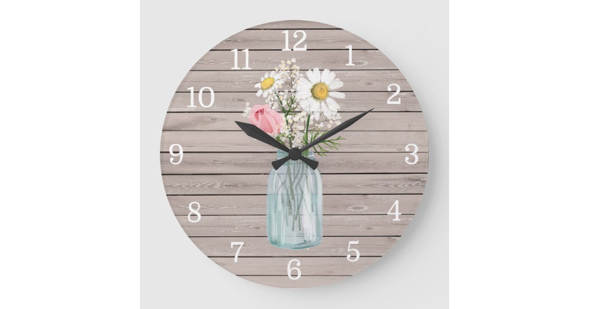 Rustic Rose & Daisies Mason Jar Clock | Zazzle