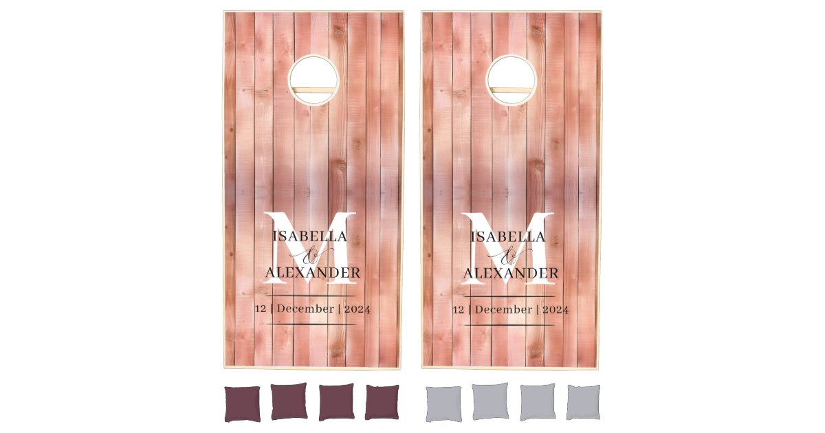Rustic Rose Gold Wood Farmhouse Wedding Monogram Cornhole Set | Zazzle