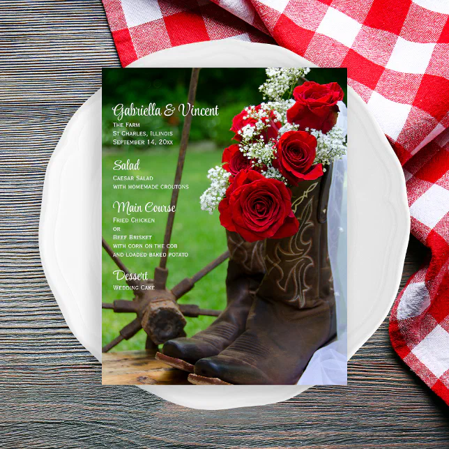 Rustic Roses and Cowboy Boots Country Wedding Menu | Zazzle