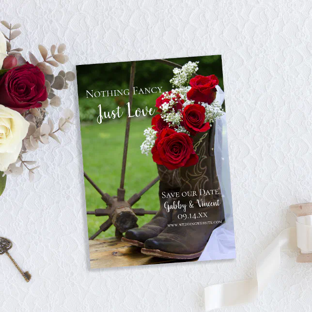 Rustic Roses Cowboy Boots Wedding Save the Date Invitation | Zazzle