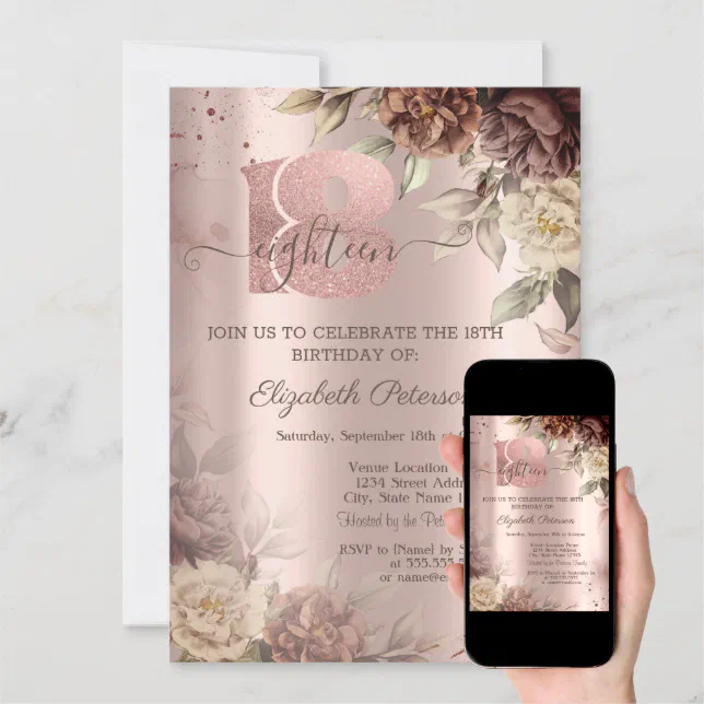 Rustic Roses Rose Gold 18th Birthday Invitation | Zazzle