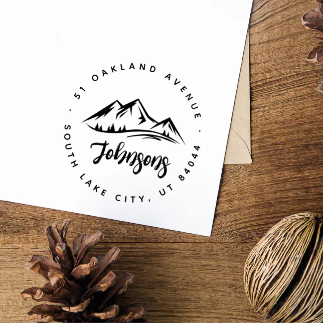 Rustic Round Mountains Pines Return Address Rubber Stamp | Zazzle