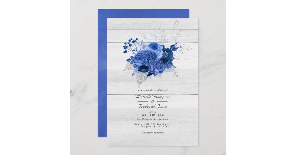Rustic Royal Blue & Silver Floral QR Code Wedding Invitation | Zazzle