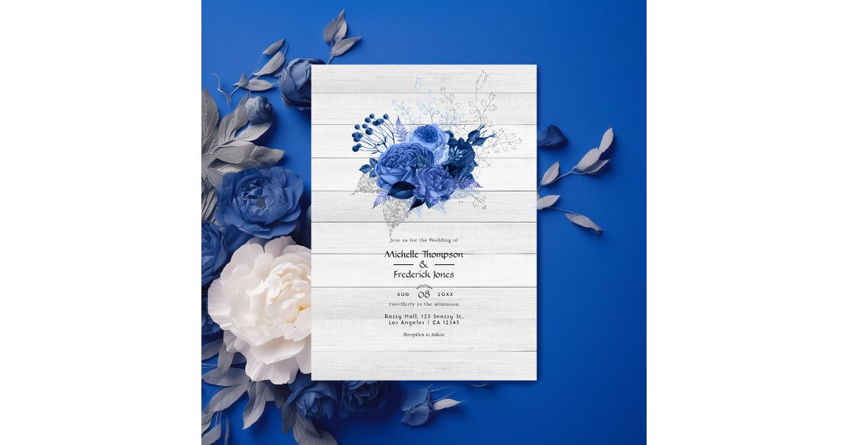 Rustic Royal Blue & Silver Floral Wedding Invitation | Zazzle