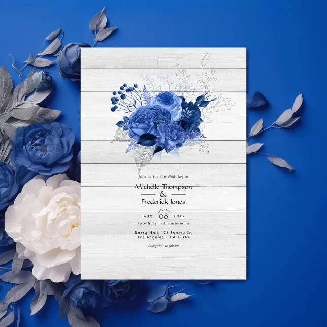 Rustic Royal Blue & Silver Floral Wedding Invitation | Zazzle