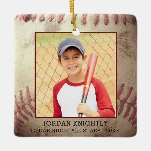 Rustic Rugged Baseball 1 or 2 Photo Personalized Ceramic Ornament | Zazzle