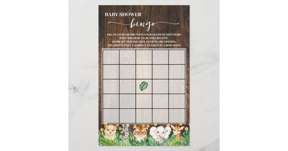 Rustic Safari Animals Baby Shower Bingo Game Card Flyer | Zazzle