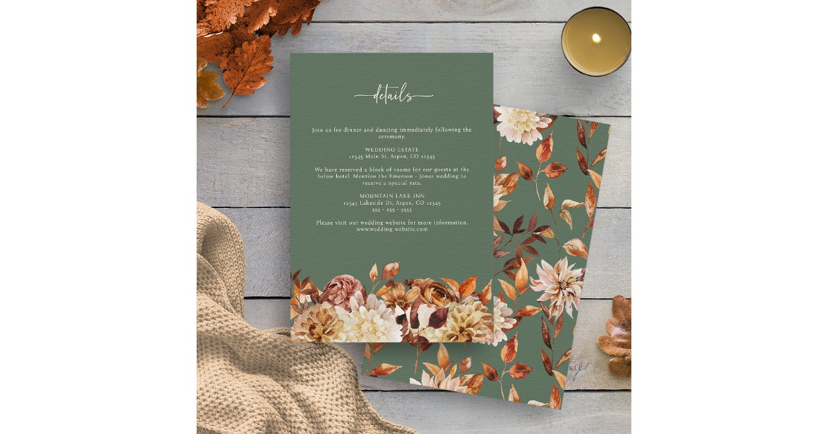 Rustic Sage Green Fall Details Enclosure Card | Zazzle