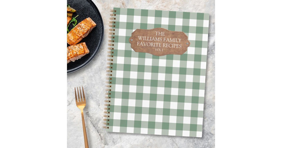 Rustic Sage Green Gingham Farmhouse Family Recipe Notebook | Zazzle