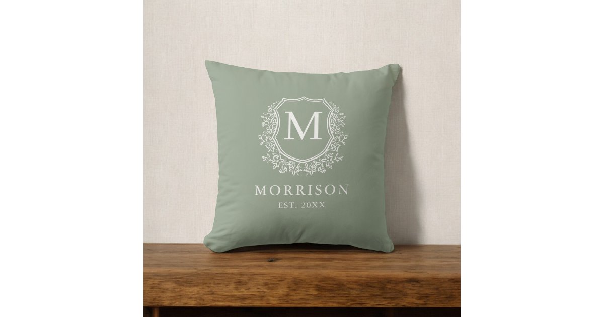 Rustic Sage Green Monogram Crest Initial Throw Pillow | Zazzle