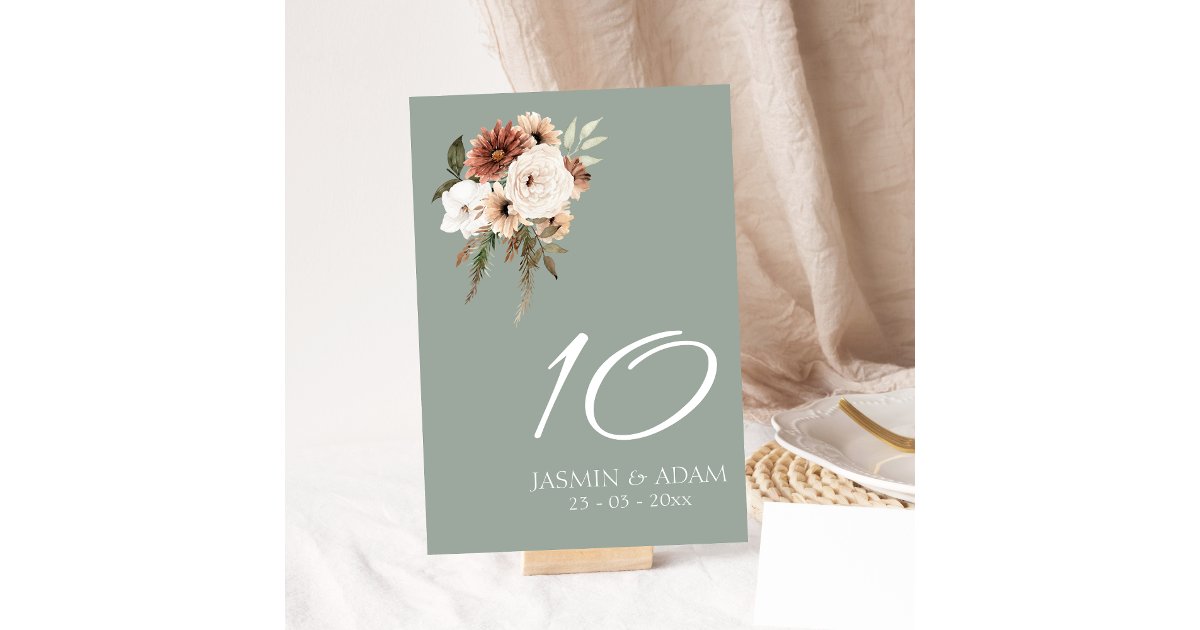 Rustic Sage Green Peach Floral Wedding Table Number | Zazzle