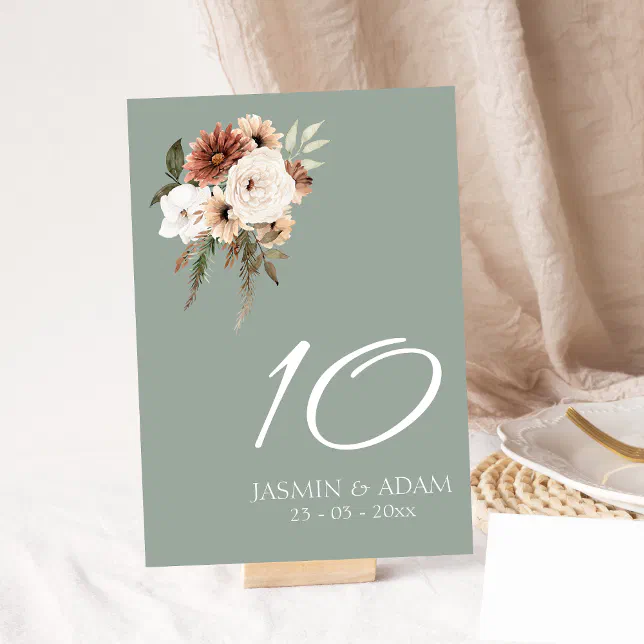 Rustic Sage Green Peach Floral Wedding Table Number | Zazzle