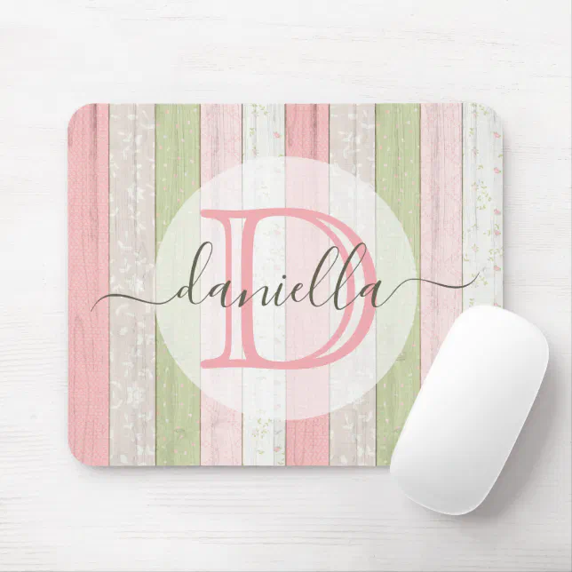 Rustic Sage Green & Pink Floral Wood Personalized Mouse Pad | Zazzle