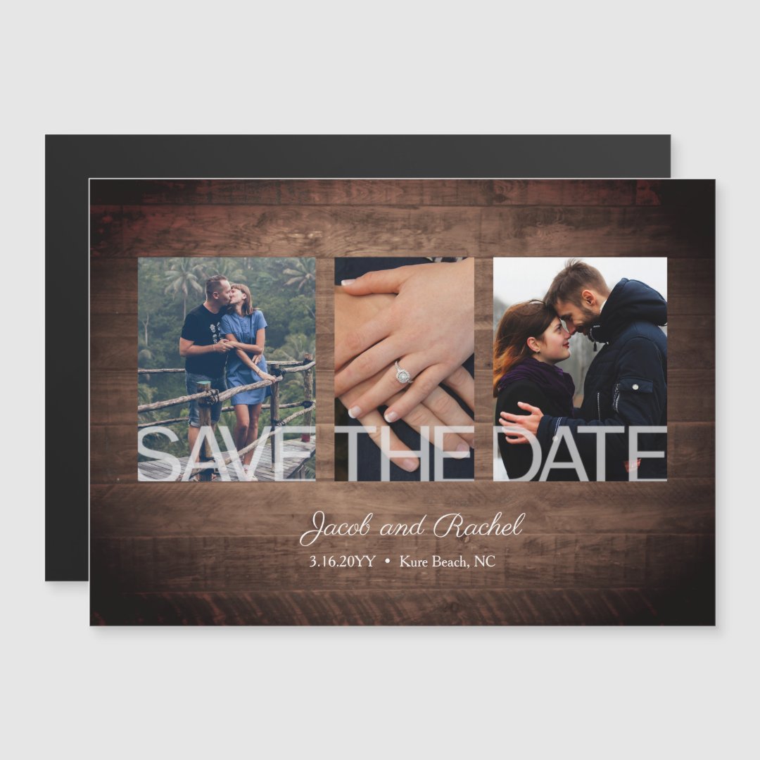 Rustic Save the Date 3-Photo Collage Magnet | Zazzle
