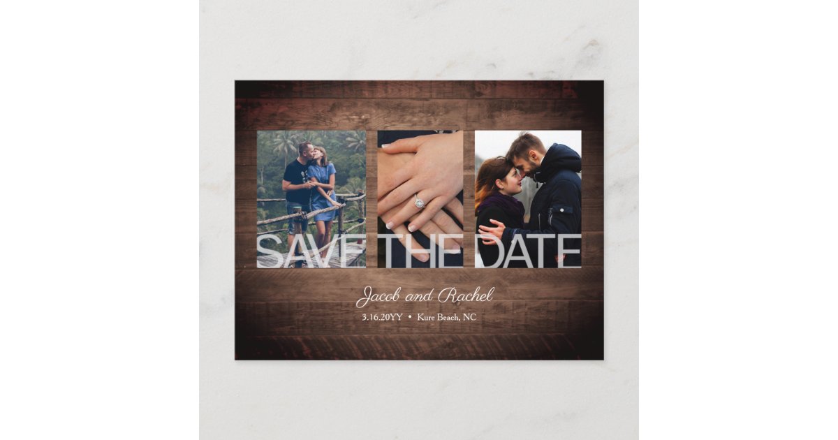 Rustic Save the Date 3-Photo Collage Wedding Postcard | Zazzle