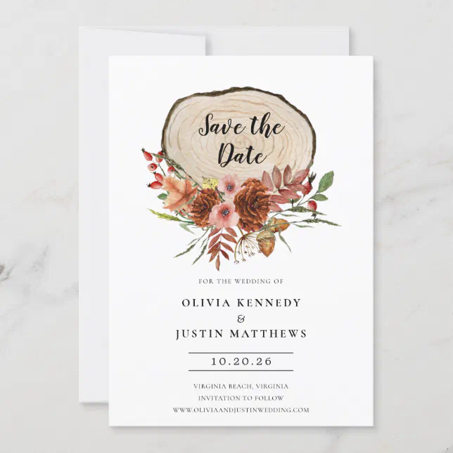 Rustic Save the Date Fall Floral Wood Slice Invit Invitation | Zazzle