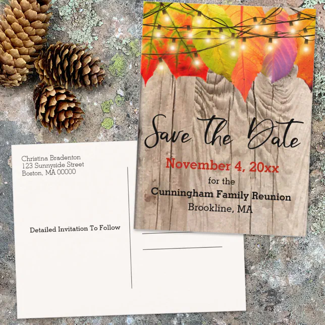 Rustic Save The Date Family Reunion Autumn Leaves Announcement Postcard ...