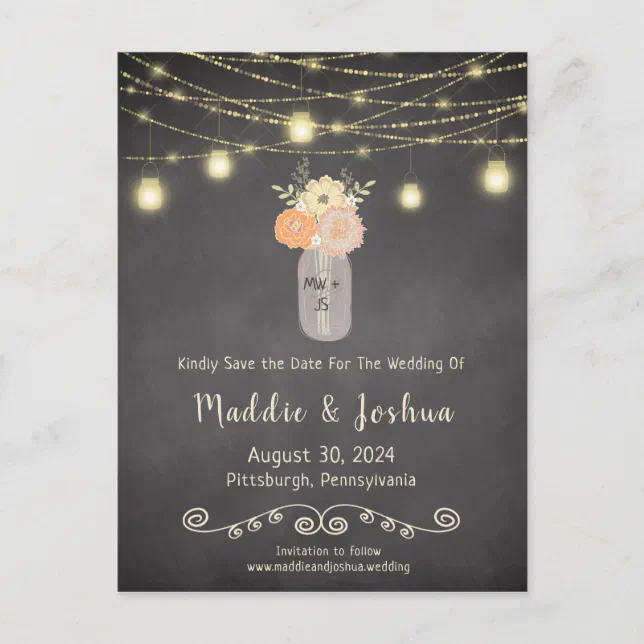 Rustic Save the Date Mason Jar Lights Floral Boho Postcard | Zazzle