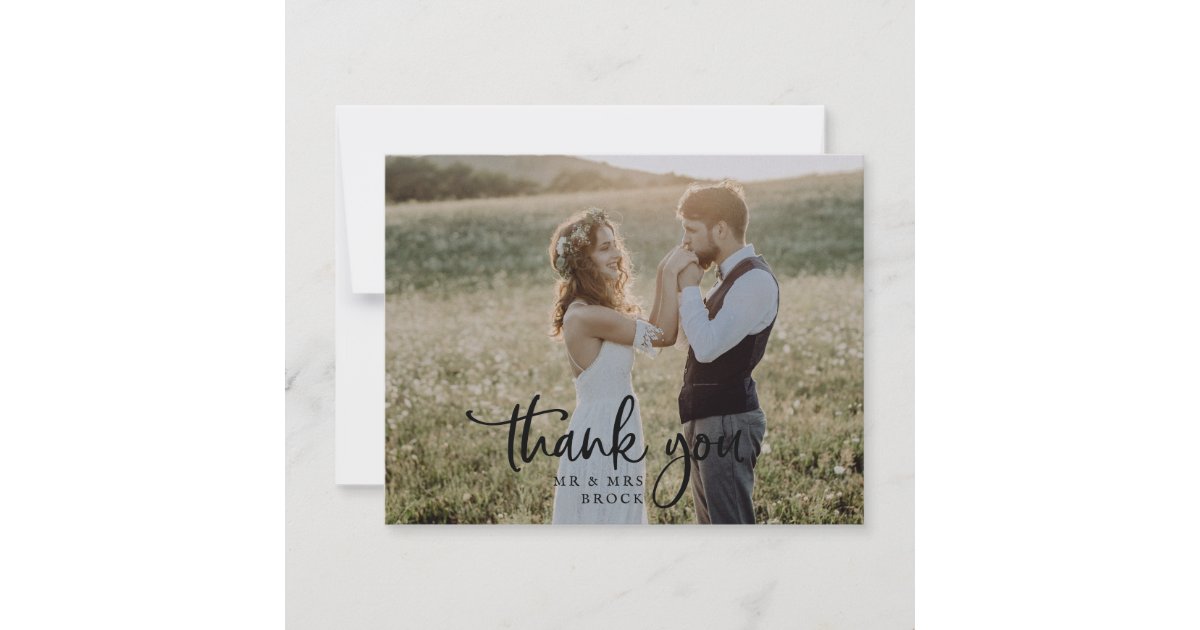 Rustic Script Light Photo Wedding Thank You Card | Zazzle