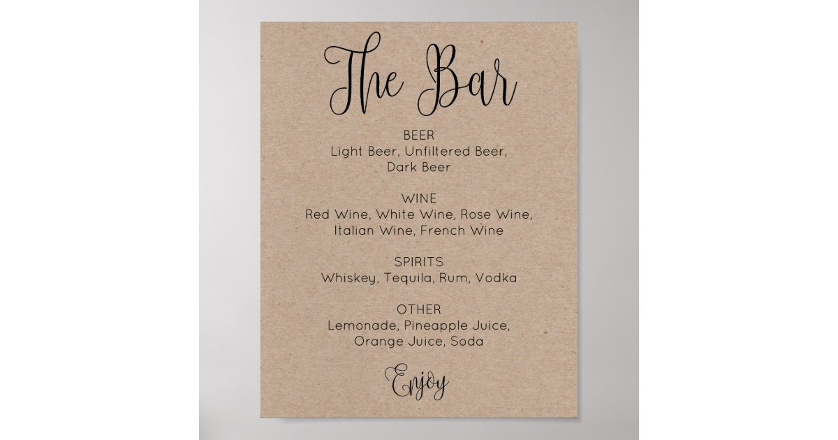 Rustic script simple wedding alcohol drinks bar poster | Zazzle