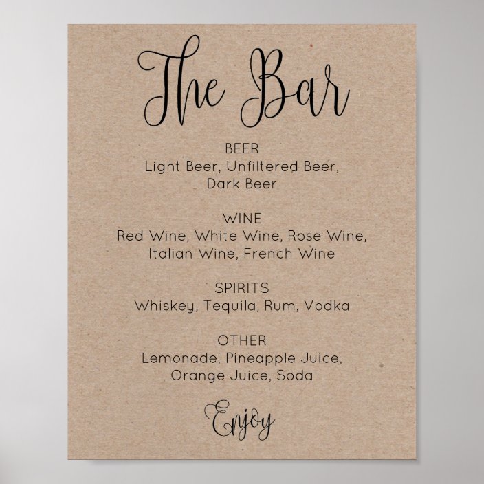 Rustic script simple wedding alcohol drinks bar poster | Zazzle.com
