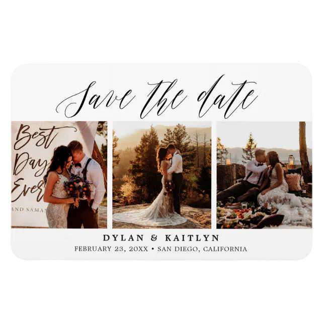 Rustic Script Three Photos Save the Date 4x6 Magnet | Zazzle