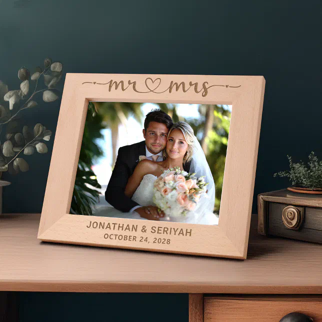 Rustic Script Wedding Heart Arrows Mr Mrs Engraved Frames | Zazzle